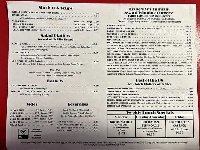 The menu reads like a love letter to American classics. Each item promises satisfaction without pretension—exactly what you want in a neighborhood joint.