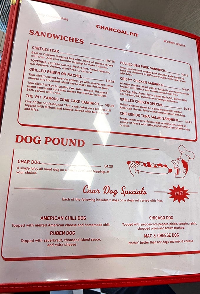 The menu reads like a love letter to American comfort food—where "Dog Pound" isn't a sad animal shelter but a delicious hot dog sanctuary.
