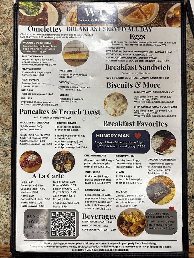 The menu reads like a love letter to American classics – breakfast served all day because some rules are meant to be beautiful.