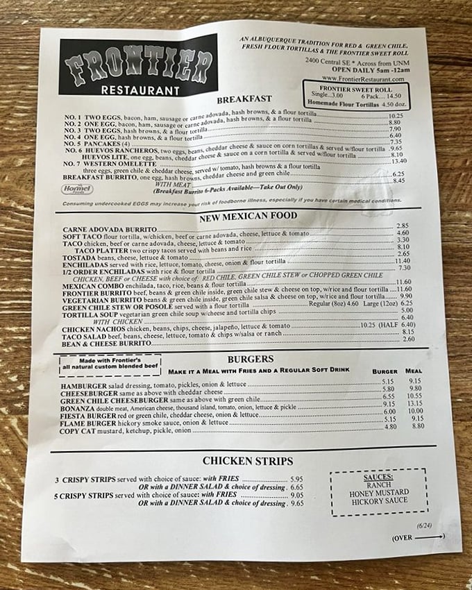 This menu isn't just a list of food—it's a roadmap to happiness with breakfast served all day and green chile on practically everything.