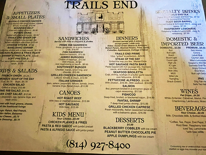The menu at Trail's End reads like a love letter to comfort food. Those "canoes" aren't for paddling—they're for sailing straight into food bliss.