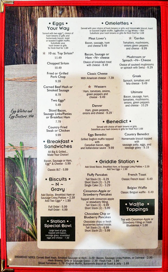 This menu reads like a love letter to American breakfast classics, with that chopped sirloin hiding in plain sight among the egg dishes.