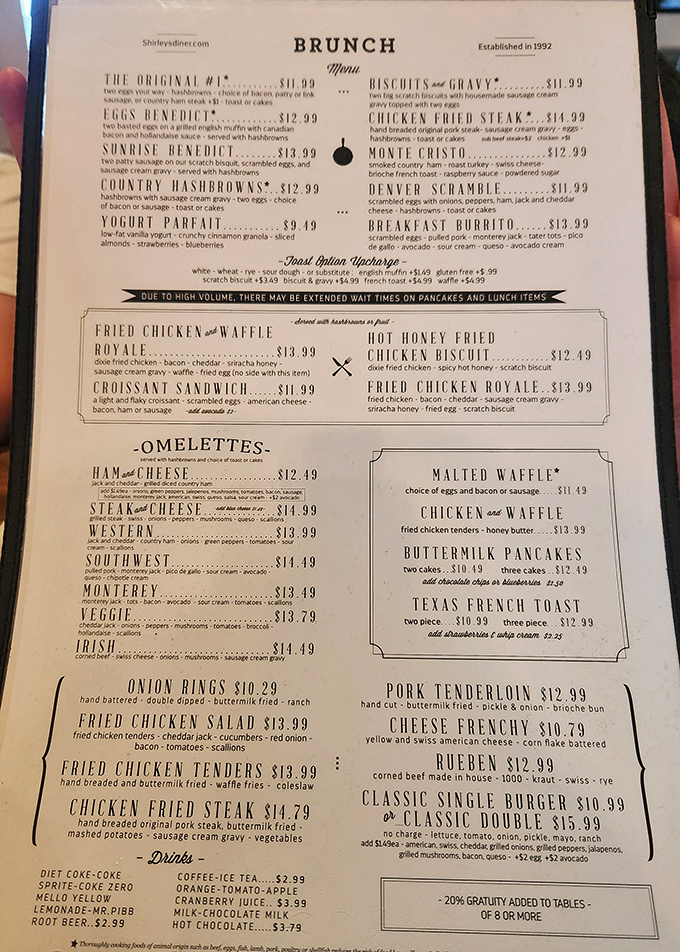 A menu that reads like a love letter to American classics—each item promising the kind of satisfaction that fancy restaurants often miss.