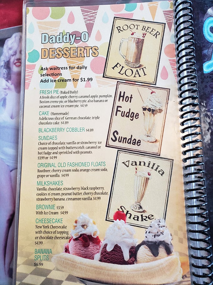 The "Daddy-O Desserts" menu promises sweet endings that Elvis himself would approve—root beer floats and banana splits that haven't changed since poodle skirts were all the rage.