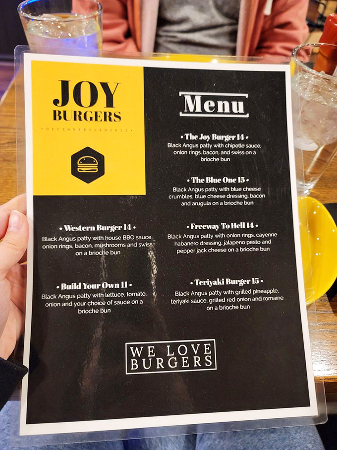 This menu reads like burger poetry—each option thoughtfully crafted rather than randomly assembled, proving that sometimes less truly is more.