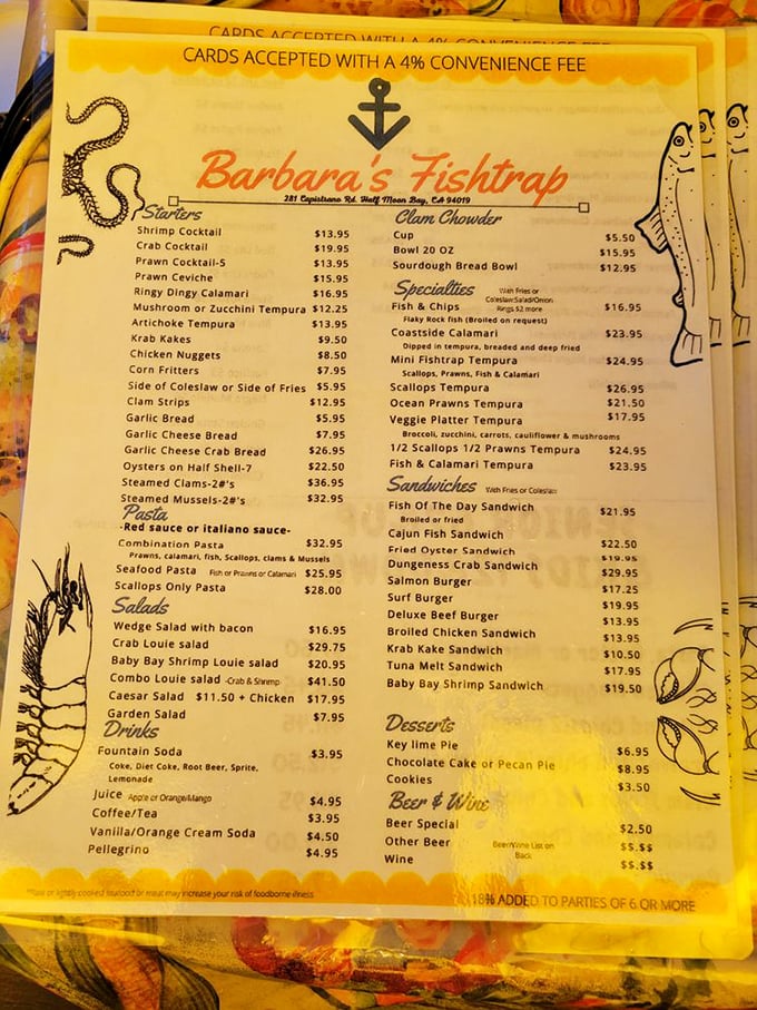 This menu isn't just a list of dishes—it's a treasure map to seafood nirvana. Choose your adventure wisely!