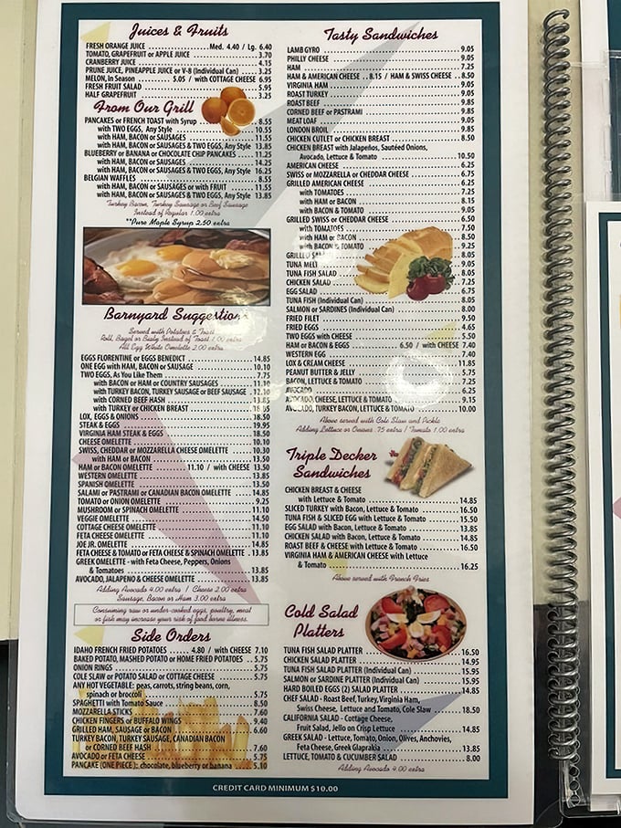 This spiral-bound menu is like a novel where every chapter ends with "and then they were deliciously full." Decisions, decisions!