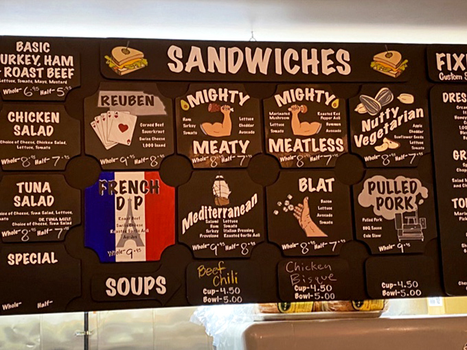 This isn't just a menu board – it's a roadmap to sandwich nirvana. The Reuben's playing cards design suggests you've hit the jackpot before taking your first bite.