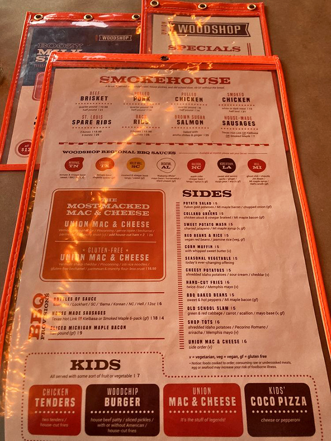 This menu isn't just a list of options—it's a road trip across America's barbecue belt without leaving Michigan. Choose your own adventure, sauce included.