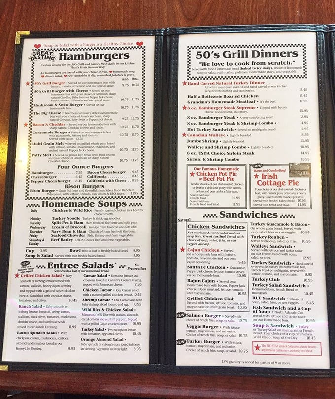 This menu isn't just a list of food—it's a historical document. "Grandma's Homemade Meatloaf" isn't marketing; it's the reason Minnesota license plates appear in the parking lot from counties far away.