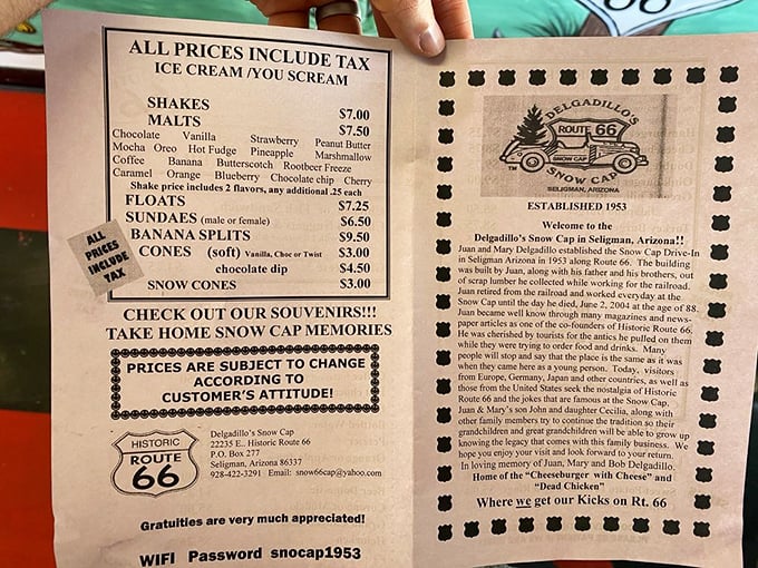 A menu that offers "Dead Chicken" and warns prices change "according to customer's attitude" – your first clue this isn't your average roadside diner.