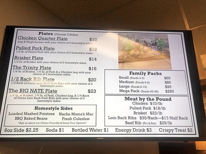 The menu board – a roadmap to happiness where every choice leads to smoky satisfaction. Choose your own barbecue adventure!