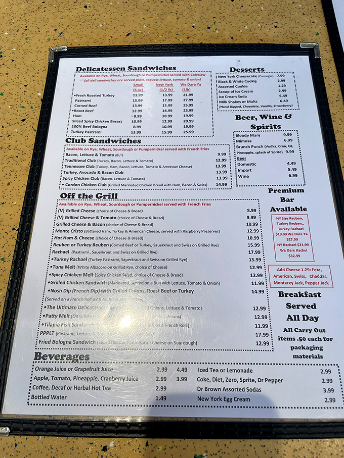 A menu that doesn't mess around—offering everything from mile-high sandwiches to breakfast classics that would make any New Yorker feel right at home.