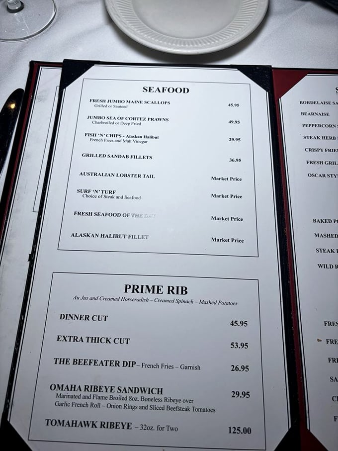No trendy QR codes here—just a proper menu with seafood treasures and prime cuts that make decision-making deliciously difficult.