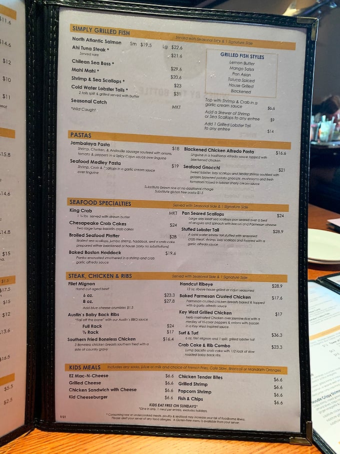 A menu that reads like a love letter to seafood enthusiasts. The hardest relationship you'll have today is choosing just one entrée.