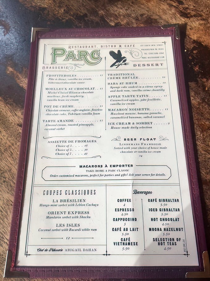 The dessert menu at Parc reads like a love letter to French pastry. Profiteroles, crème brûlée, and macarons—oh my!