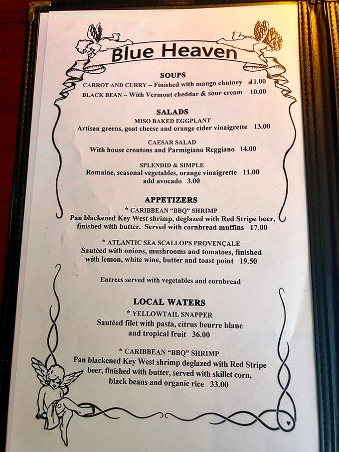 This menu isn't just a list of dishes—it's a love letter to Caribbean flavors with angels in the margins to remind you this is culinary heaven.