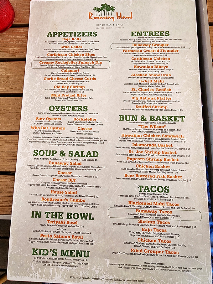 A menu that reads like a love letter to the Gulf—where deciding between the Islamorada Basket and Runaway Grouper might be your toughest decision all day.