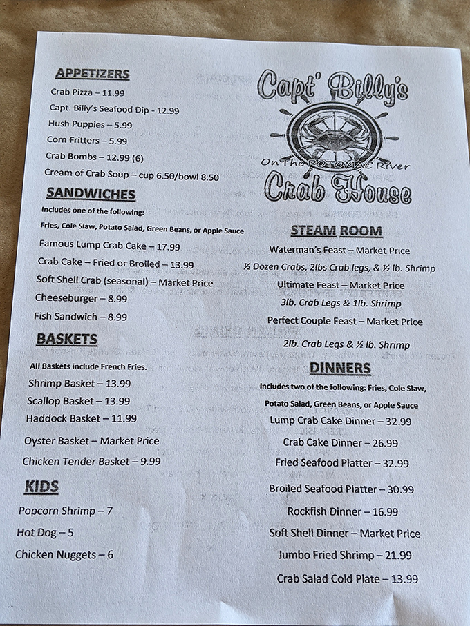This menu isn't just a list of options—it's a treasure map to Maryland's finest aquatic delicacies, with "market price" being code for "worth every penny."