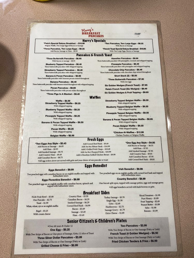 This menu isn't just a list—it's a roadmap to breakfast nirvana with more pancake variations than there are beach shells.