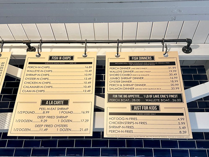 This no-nonsense menu board tells you everything you need to know—Lake Erie's finest catches, simply prepared, with zero pretension and maximum flavor.