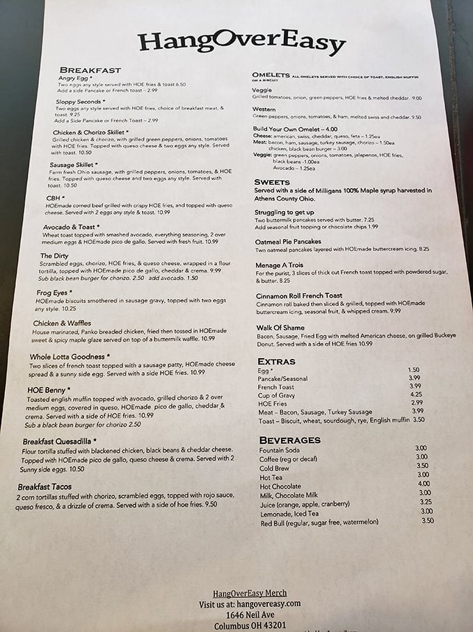 A menu that reads like poetry to the hungry—where "Sloppy Seconds" isn't an insult but a promise of eggs, meat, and those legendary HOE fries.