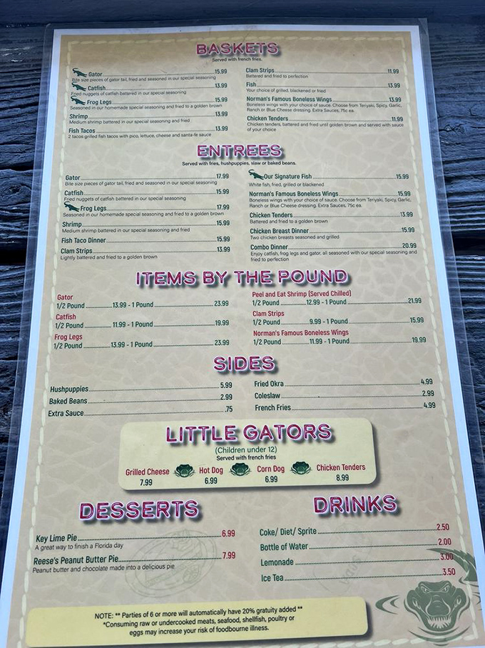 This isn't your city slicker's menu. Gator, frog legs, and catfish share space with "Little Gators" kids' options—Florida's culinary circle of life.
