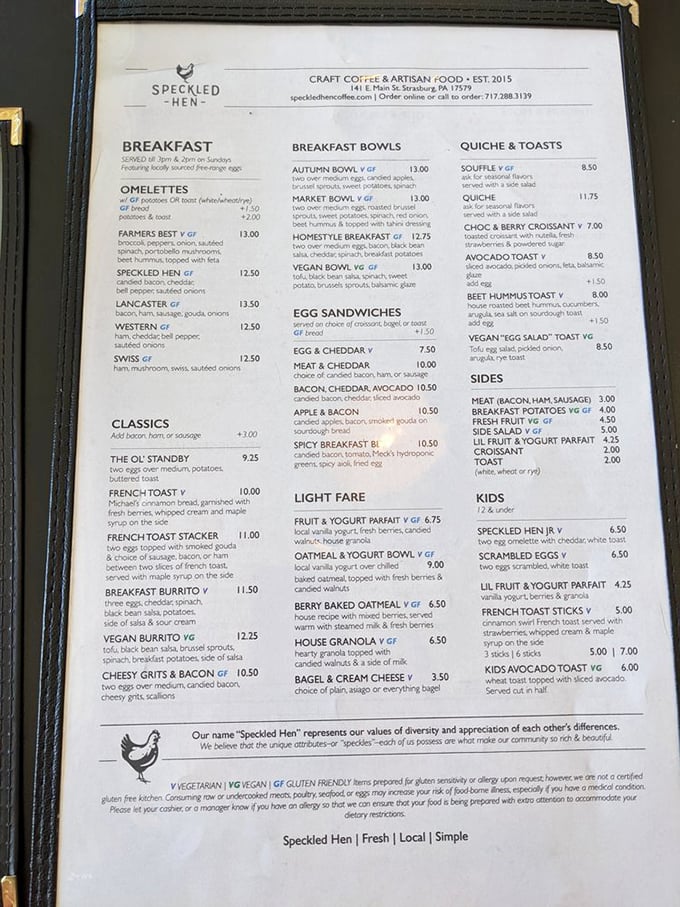 This menu isn't just a list—it's a roadmap to breakfast nirvana, with options that'll have you planning your next visit before finishing your first.