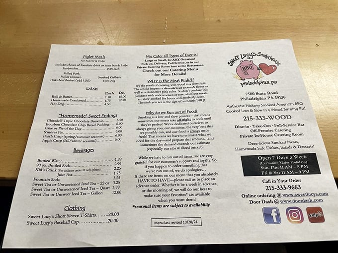 A menu that reads like barbecue poetry—where decisions are difficult, appetites are tested, and the phrase "I'll have one of everything" becomes tempting.