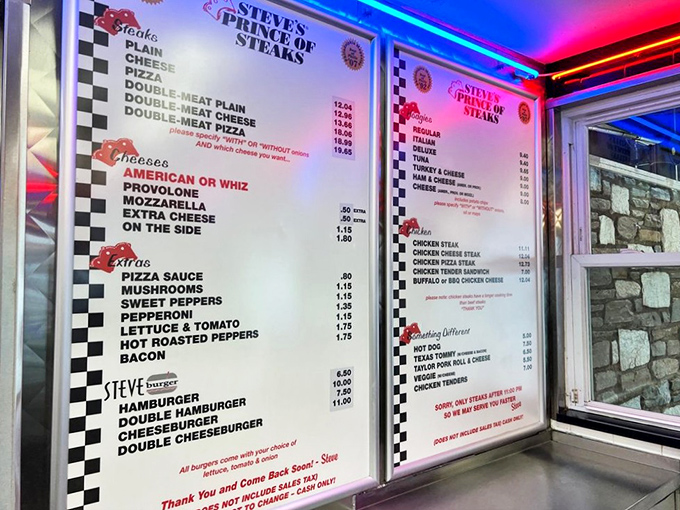 The royal decree of deliciousness. Steve's menu board offers the sacred trinity of options: meat, cheese, and extras—all you need for sandwich salvation.