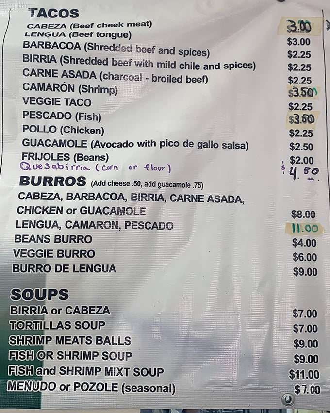 This menu isn't just a list—it's a roadmap to happiness with destinations like Lengua, Birria, and Cabeza.