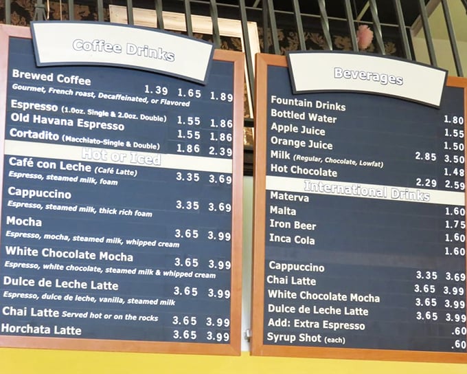 This menu board isn't just a list—it's a roadmap to happiness with Cuban coffee detours that'll make your regular barista jealous.