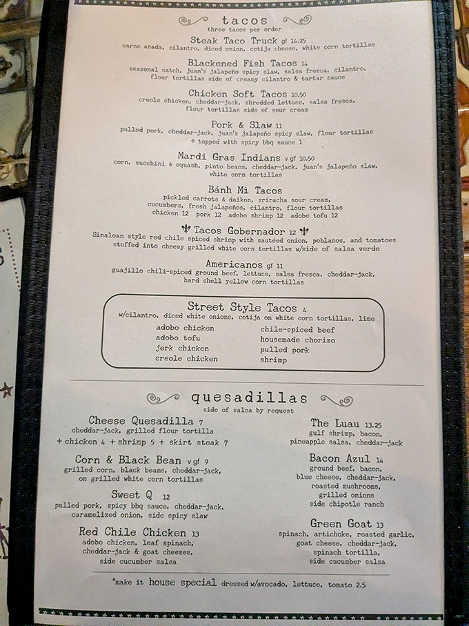 A menu that reads like a love letter to culinary fusion – where Creole meets Mexican and magic happens with every creative combination.