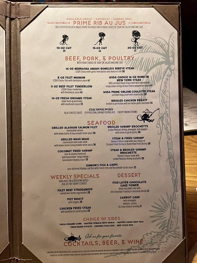 The menu reads like a love letter to carnivores, featuring that legendary 20-ounce prime rib masterpiece.
