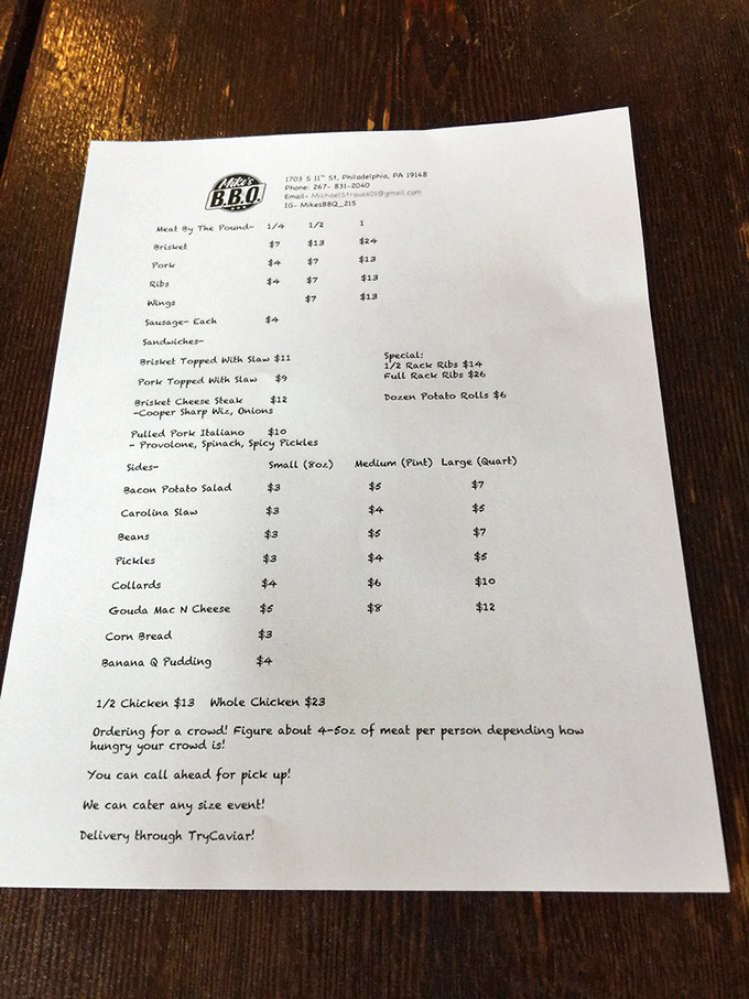 This unassuming menu is actually a treasure map where X marks the spot for brisket, ribs, and pulled pork glory.