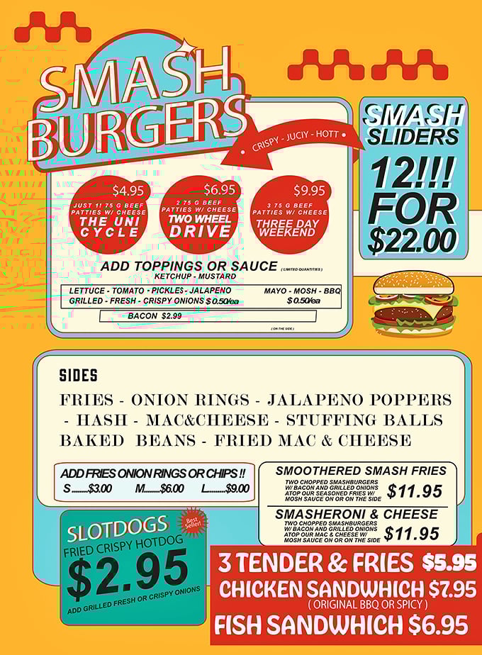 The menu board reads like a love letter to American comfort classics - "Smash Burgers" and "Slotdogs" promising affordable indulgence without pretension.
