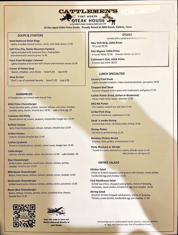 A menu that doesn't need fancy fonts or pretentious descriptions—just straightforward promises of carnivorous delight that have satisfied generations.