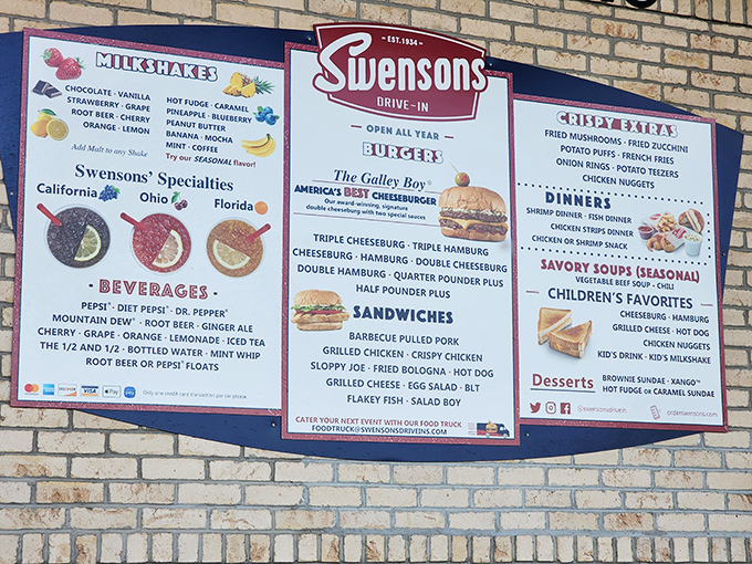 The menu board tells a story of American classics perfected over decades—with the legendary Galley Boy front and center as the undisputed star.
