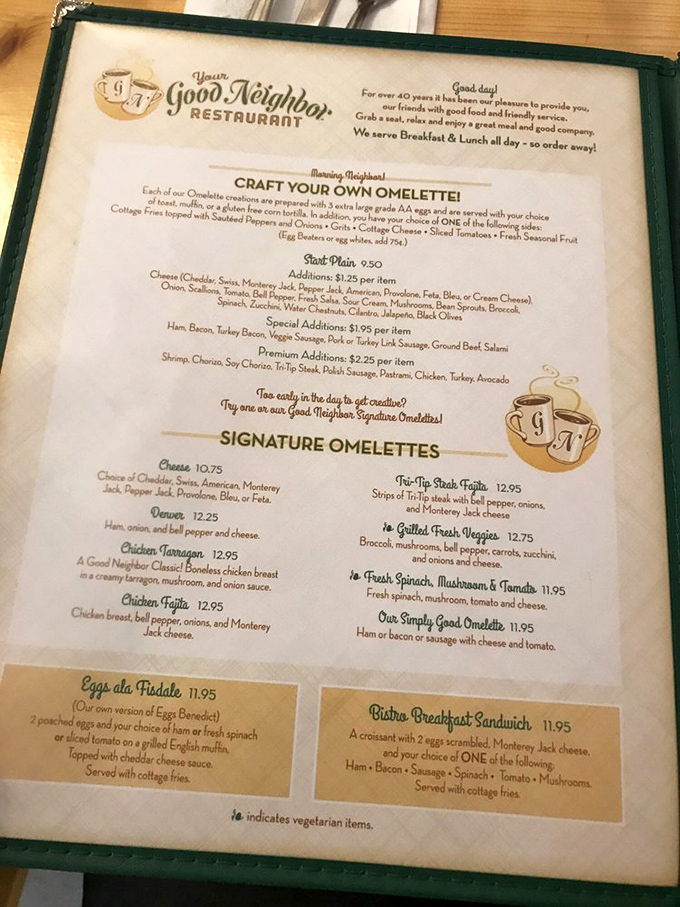 The menu reads like a love letter to breakfast classics—each option more tempting than the last.