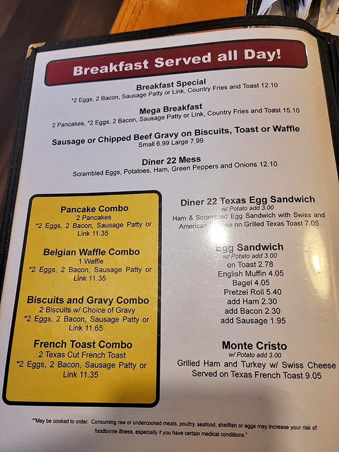 A menu where "Breakfast Served All Day" aren't just words, but a solemn promise to the breakfast-deprived masses.