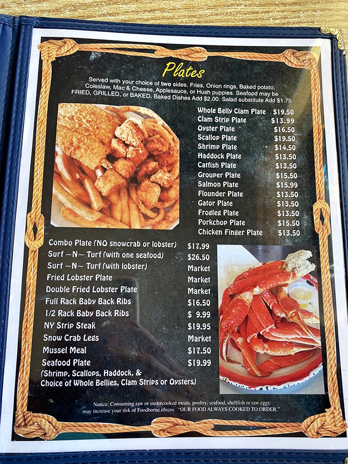 The menu reads like a love letter to seafood enthusiasts. That whole belly clam plate isn't just food—it's an edible Florida vacation.