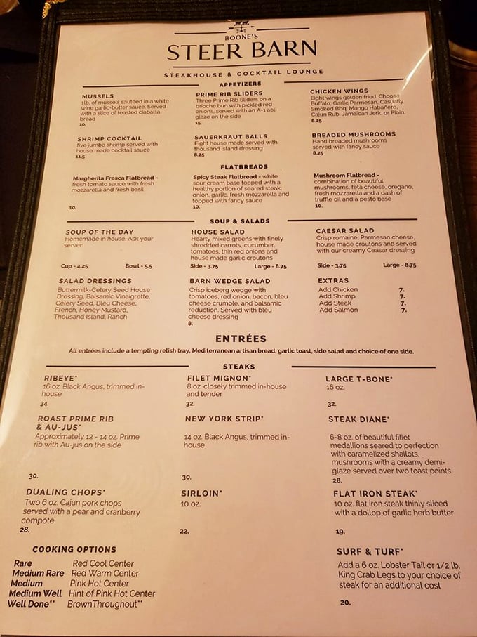 Boone's Steer Barn menu reads like a love letter to carnivores, with prime rib taking center stage in this meaty symphony.
