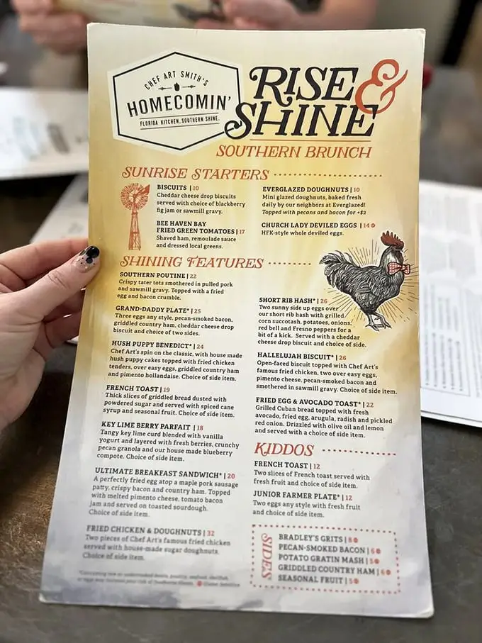 This menu isn't just a list—it's a love letter to Southern cooking. "Rise & Shine" brunch offerings that would make your grandmother proud.