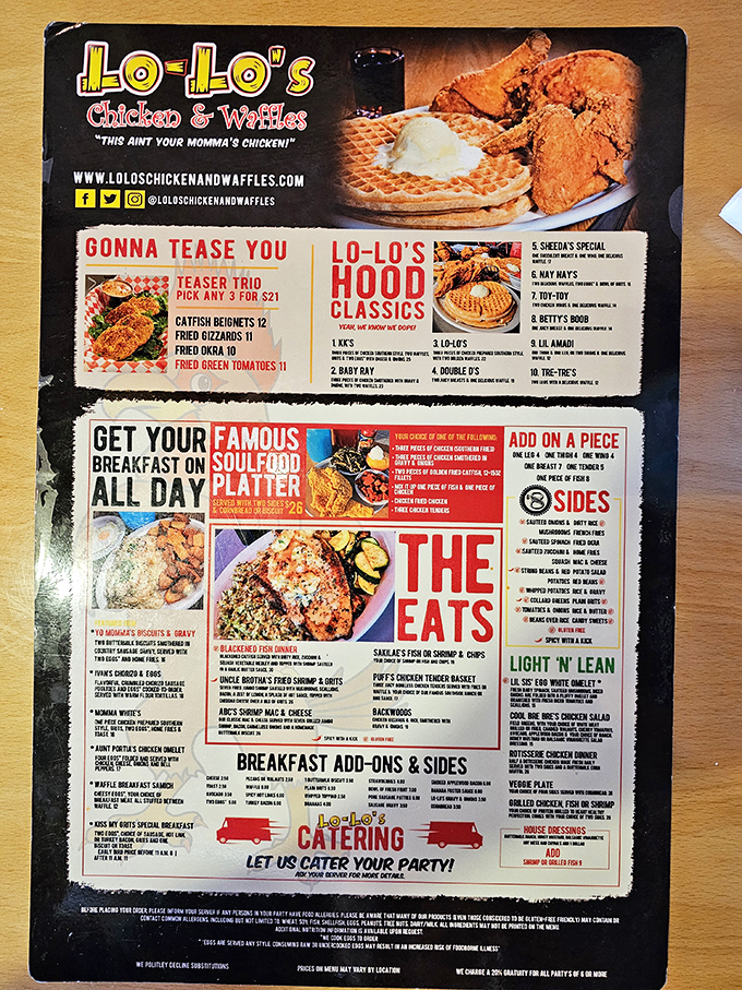 The menu at Lo-Lo's reads like a love letter to Southern comfort, with "Hood Classics" that promise to deliver more satisfaction than finding an extra fry at the bottom of the bag.