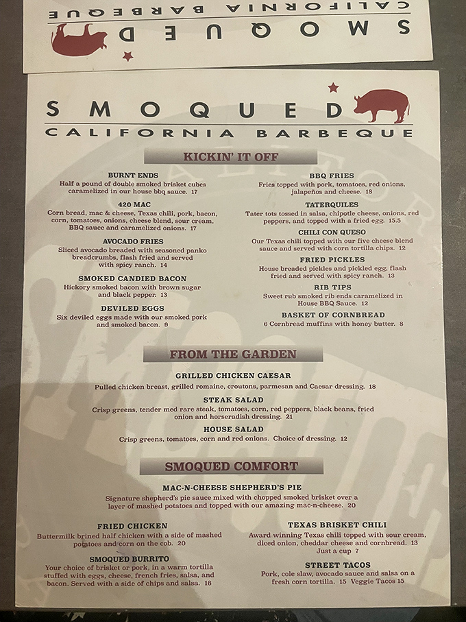The menu reads like a love letter to smoked meat enthusiasts. Each description makes your stomach growl louder than your neighbor's motorcycle at 6 AM.