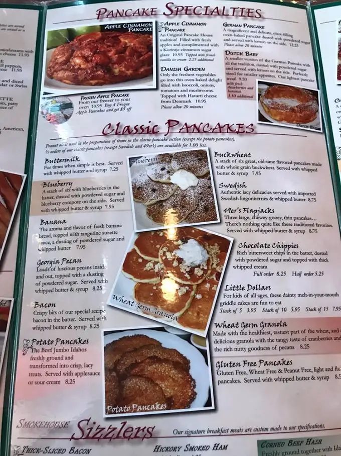 The menu reads like breakfast poetry—each pancake option more tempting than the last, making decisions the hardest part of your morning.