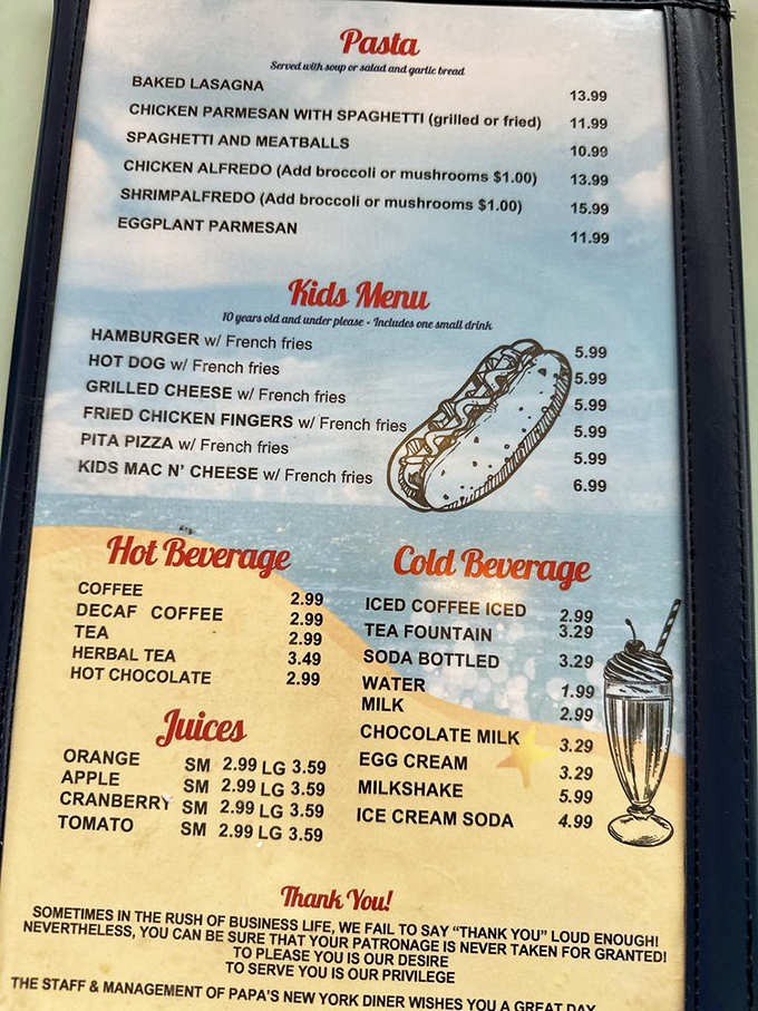 A menu that speaks the universal language of comfort—pasta, kids' favorites, and beverages that wash away life's complications.
