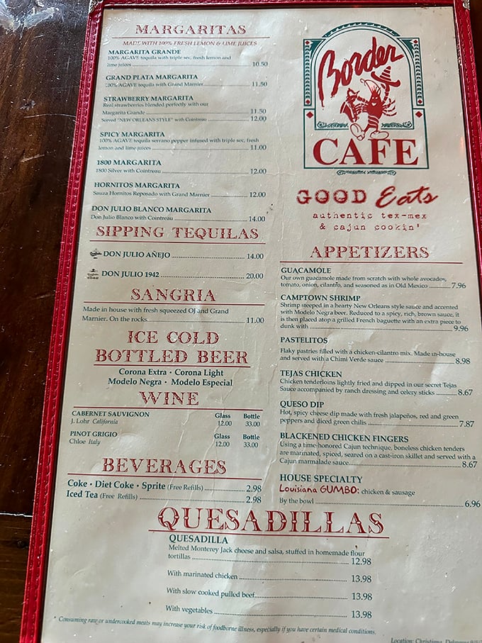 A menu that reads like a love letter to tequila. The margarita selection alone could make a cactus weep with joy.