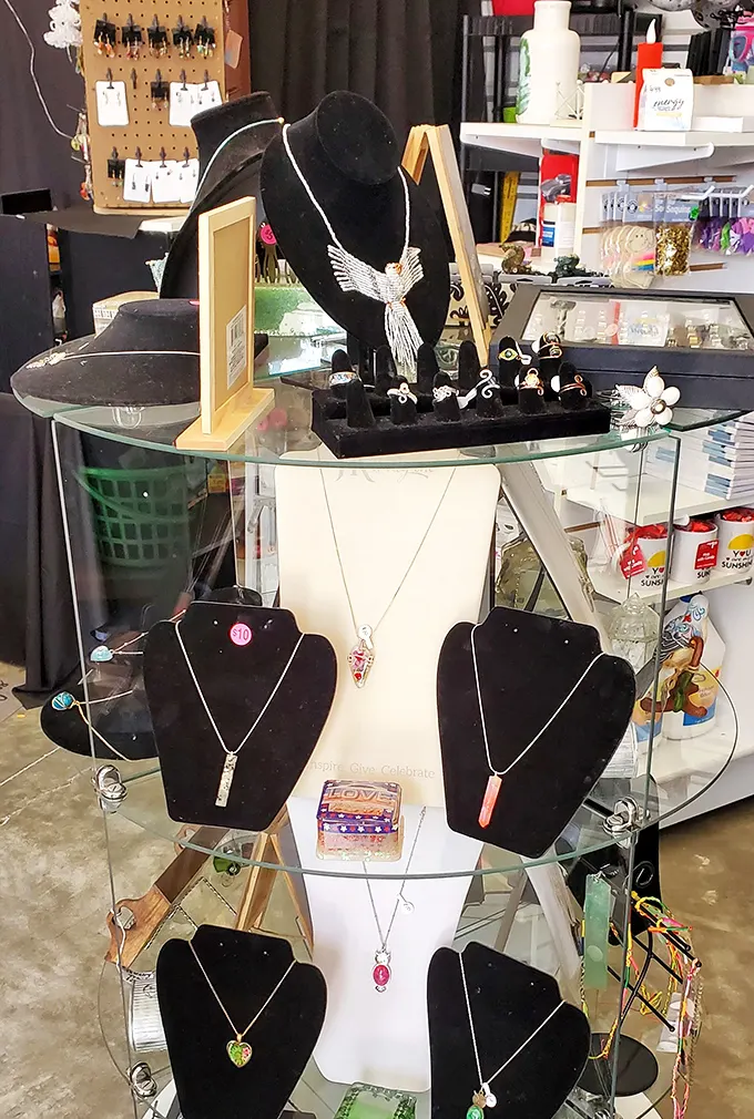 Jewelry displays that would make your grandmother say "now that's craftsmanship!" Pendants and necklaces waiting to become someone's new favorite accessory.