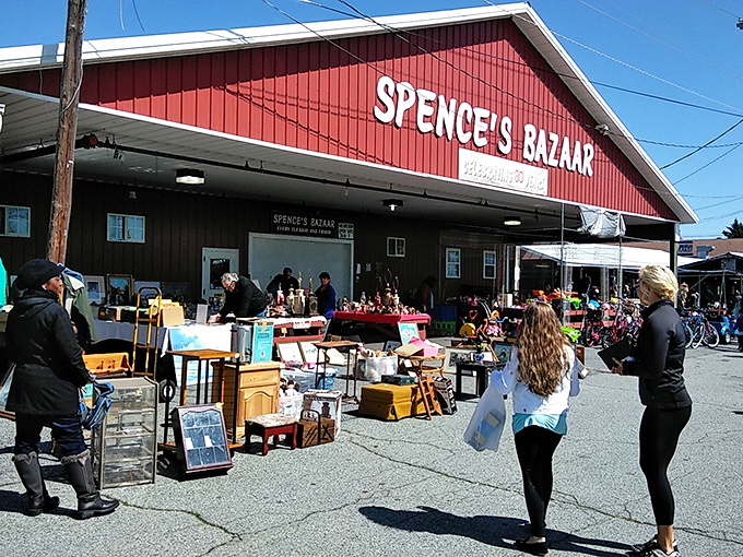 Weekend warriors gather outside, armed with shopping bags and the determined look of serious treasure hunters.